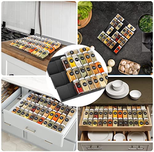 QIZENME Spice Drawer Organizer, 4 Tier Spice Rack Organizer for Cabinet Drawer, 2 Pack Expandable Seasoning Organizer Insert from 12" to 24", Drawer Spice Rack Tray for Cabinet/Countertop (Black)