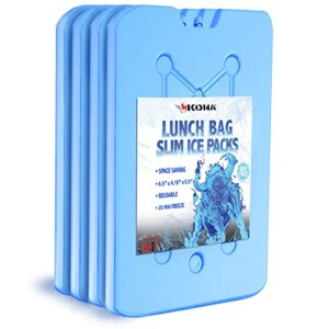 Kona Ice Packs for Lunch Bags - No Ice Required - Reusable Long Lasting (-5C) Small Thin Freezer Packs - Freezes in 25 Minutes (4)