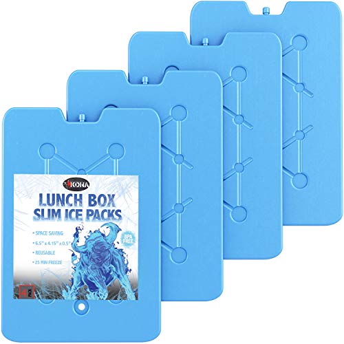 Kona Ice Packs for Lunch Bags - No Ice Required - Reusable Long Lasting (-5C) Small Thin Freezer Packs - Freezes in 25 Minutes (4)