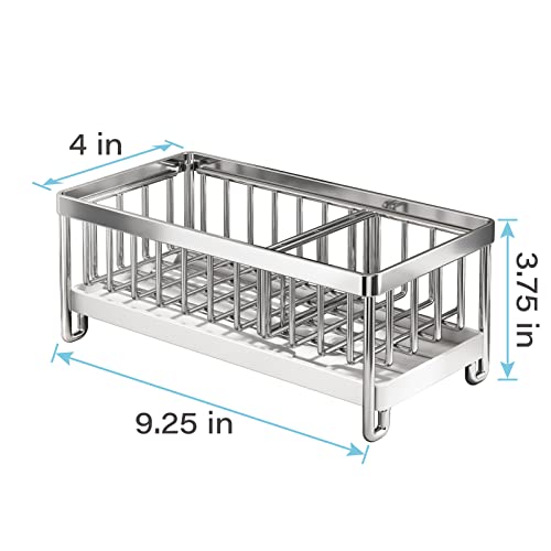 Sponge Holder for Kitchen Sink, Sink Caddy, Rustproof 304 Stainless Steel Dish Sponge Organizer with Divider, Soap Dish Dispenser Brush Holder Storage, Silver