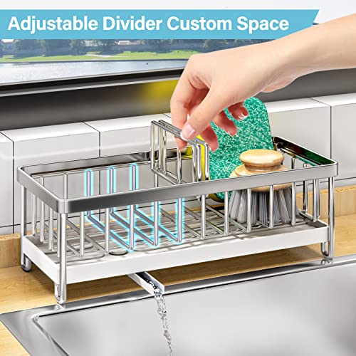 Sponge Holder for Kitchen Sink, Sink Caddy, Rustproof 304 Stainless Steel Dish Sponge Organizer with Divider, Soap Dish Dispenser Brush Holder Storage, Silver