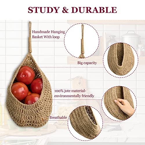 VK Living Jute Onion Basket Hanging for Pantry, Potato Garlic Onion Pantry Storage Baskets, Boho Wall Baskets for Kitchen, Garlic Keeper, Bohemian Handwoven Wall Mount Fruit or Veggie Basket Set of 2, Medium