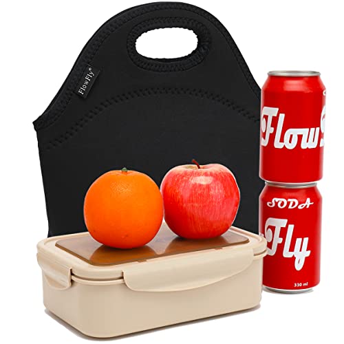 FlowFly Neoprene kids Lunch box Insulated Soft Bag Mini Cooler Thermal Meal Tote Kit for Boys, Girls,Men,Women,School,Work, Office,Black