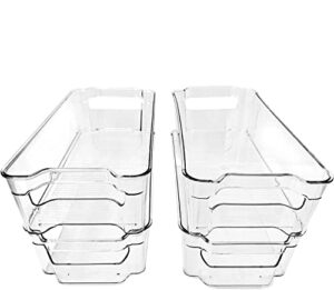 (4 pack) pantry and refrigerator organizer bins for kitchen and cabinet storage | stackable food bins with handles | bpa free fridge and freezer containers | clear