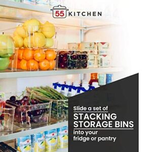 (4 Pack) Pantry and Refrigerator Organizer Bins for Kitchen and Cabinet Storage | Stackable Food Bins with Handles | BPA FREE Fridge and Freezer Containers | Clear