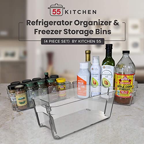 (4 Pack) Pantry and Refrigerator Organizer Bins for Kitchen and Cabinet Storage | Stackable Food Bins with Handles | BPA FREE Fridge and Freezer Containers | Clear