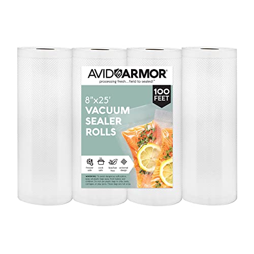 Avid Armor - Vacuum Seal Rolls, Vac Seal Bags for Food Storage, Meal Saver Freezer Vacuum Sealer Bags, Sous Vide Bags Vacuum Sealer, Non-BPA Vacuum Sealer Bags, 8 inches by 25 feet, Pack of 4