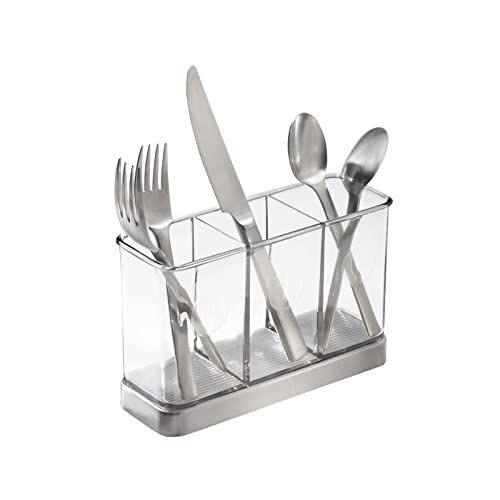 mDesign Plastic Cutlery Storage Organizer Caddy Bin for Kitchen Table, Cabinet or Pantry - Holds Forks, Knives, Spoons, Serving Utensils - Indoor or Outdoor Use, 3 Sections - Clear/Chrome