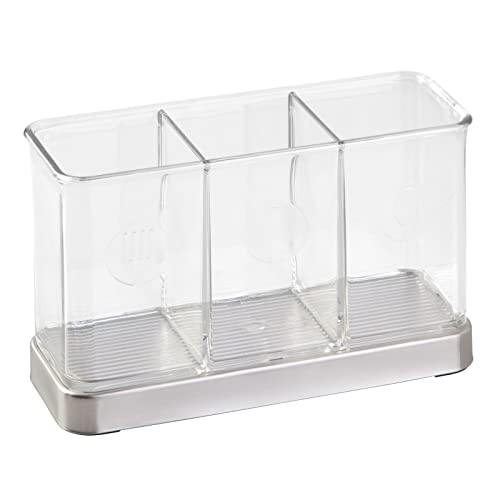 mDesign Plastic Cutlery Storage Organizer Caddy Bin for Kitchen Table, Cabinet or Pantry - Holds Forks, Knives, Spoons, Serving Utensils - Indoor or Outdoor Use, 3 Sections - Clear/Chrome