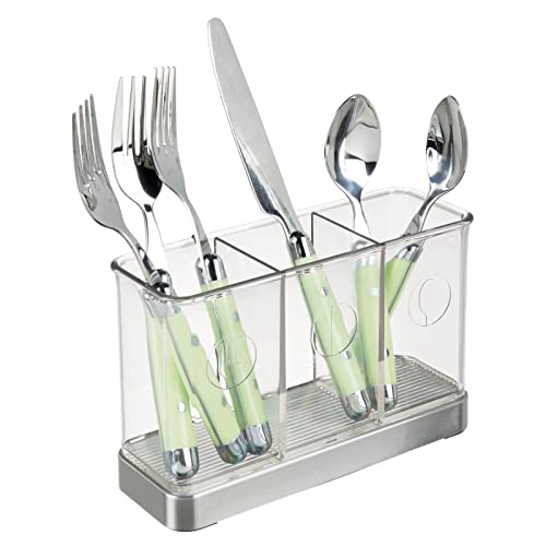 mDesign Plastic Cutlery Storage Organizer Caddy Bin for Kitchen Table, Cabinet or Pantry - Holds Forks, Knives, Spoons, Serving Utensils - Indoor or Outdoor Use, 3 Sections - Clear/Chrome