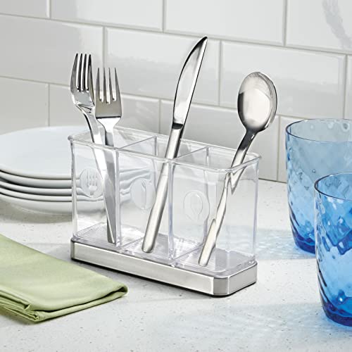 mDesign Plastic Cutlery Storage Organizer Caddy Bin for Kitchen Table, Cabinet or Pantry - Holds Forks, Knives, Spoons, Serving Utensils - Indoor or Outdoor Use, 3 Sections - Clear/Chrome