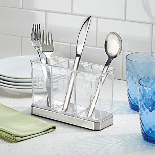 mDesign Plastic Cutlery Storage Organizer Caddy Bin for Kitchen Table, Cabinet or Pantry - Holds Forks, Knives, Spoons, Serving Utensils - Indoor or Outdoor Use, 3 Sections - Clear/Chrome