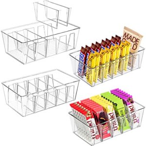 puricon 4 pack pantry organization and storage bins for kitchen fridge countertop cabinet, stackable clear plastic storage containers with removable dividers, 5 compartments for food snacks spices