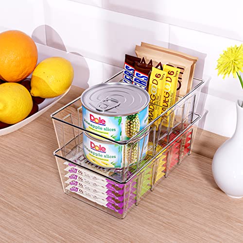 Puricon 4 Pack Pantry Organization and Storage Bins for Kitchen Fridge Countertop Cabinet, Stackable Clear Plastic Storage Containers with Removable Dividers, 5 Compartments for Food Snacks Spices