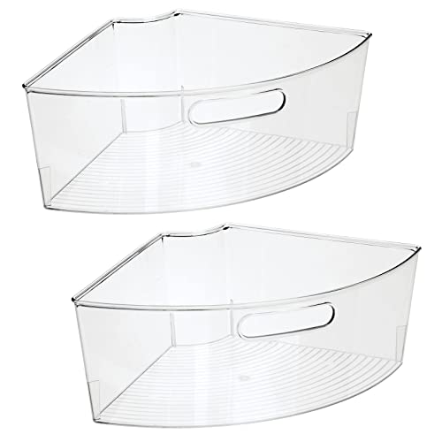 mDesign Kitchen Cabinet Plastic Lazy Susan Storage Turntable Organizer Bins with Built-In Handle - Large Triangle Corner Dividers for Pantry or Cabinets - 1/4 Wedge, 6" Deep Container - 2 Pack - Clear