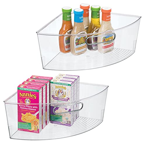 mDesign Kitchen Cabinet Plastic Lazy Susan Storage Turntable Organizer Bins with Built-In Handle - Large Triangle Corner Dividers for Pantry or Cabinets - 1/4 Wedge, 6" Deep Container - 2 Pack - Clear