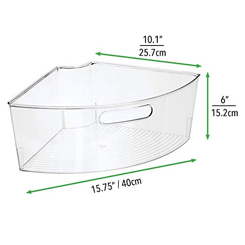 mDesign Kitchen Cabinet Plastic Lazy Susan Storage Turntable Organizer Bins with Built-In Handle - Large Triangle Corner Dividers for Pantry or Cabinets - 1/4 Wedge, 6" Deep Container - 2 Pack - Clear