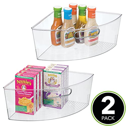 mDesign Kitchen Cabinet Plastic Lazy Susan Storage Turntable Organizer Bins with Built-In Handle - Large Triangle Corner Dividers for Pantry or Cabinets - 1/4 Wedge, 6" Deep Container - 2 Pack - Clear