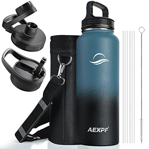 AEXPF 40 oz Insulated Water Bottle, Stainless Steel Vacuum Sports Water Bottle with 3 Lids, Durable Leakproof Metal Thermos, BPA-free Water Flask Jug with Strap for Gym Camping, Indigo Black Gradient