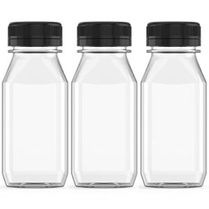 3 pcs 8 oz plastic juice bottle reusable transparent bulk beverage containers for juice, milk and other with black lids