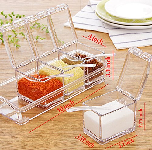 Clear Seasoning Box,V-Resourcing 4 Pieces Clear Seasoning Storage Container for Spice Salt Sugar Cruet,Condiment Jars with Spoons