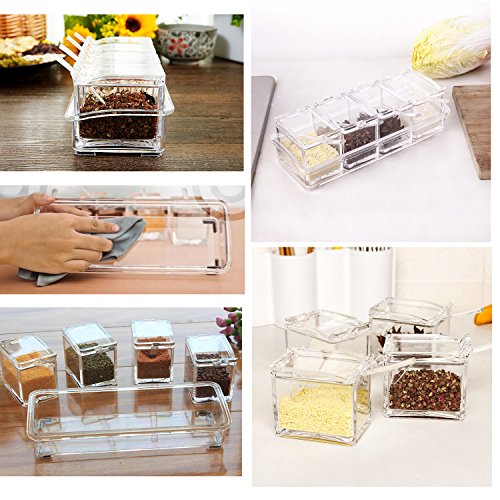 Clear Seasoning Box,V-Resourcing 4 Pieces Clear Seasoning Storage Container for Spice Salt Sugar Cruet,Condiment Jars with Spoons