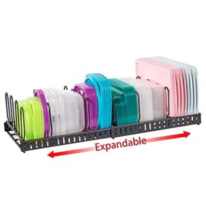 Expandable Food Container Lid Organizer,Large Capacity Adjustable 10 Dividers Detachable Lid Organizer Rack for Cabinets, Cupboards, Pantry Shelves, Drawers to Keep Kitchen Tidy,Black(Patent Pending)