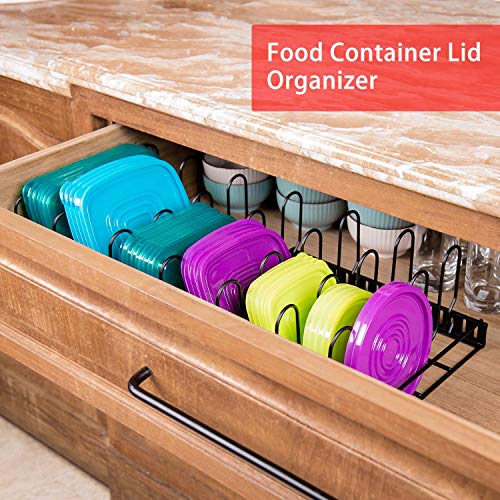 Expandable Food Container Lid Organizer,Large Capacity Adjustable 10 Dividers Detachable Lid Organizer Rack for Cabinets, Cupboards, Pantry Shelves, Drawers to Keep Kitchen Tidy,Black(Patent Pending)