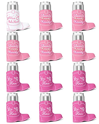 12 Pack Cowgirl Boot Bachelorette Party Skinny Can Sleeves Disco Cowgirl Slim Beverage Sleeves Favor Bridal Shower Insulated Neoprene Drink Holder for Western Themed Space Cowgirl Party Decorations