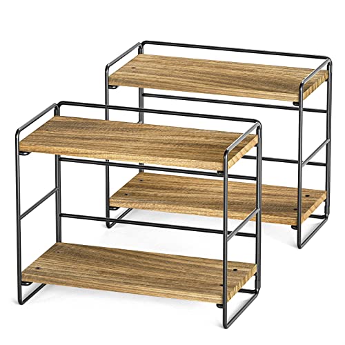 SRIWATANA Kitchen Countertop Organizer Set of 2, Bathroom Counter Shelf Spice Rack Sink Countertop Storage Desktop Large Wood Shelf - Carbonized Black