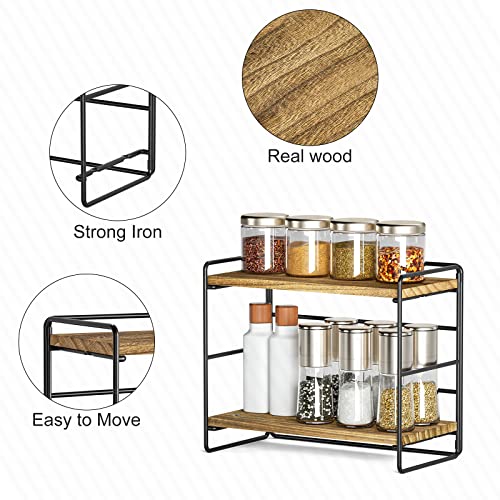 SRIWATANA Kitchen Countertop Organizer Set of 2, Bathroom Counter Shelf Spice Rack Sink Countertop Storage Desktop Large Wood Shelf - Carbonized Black