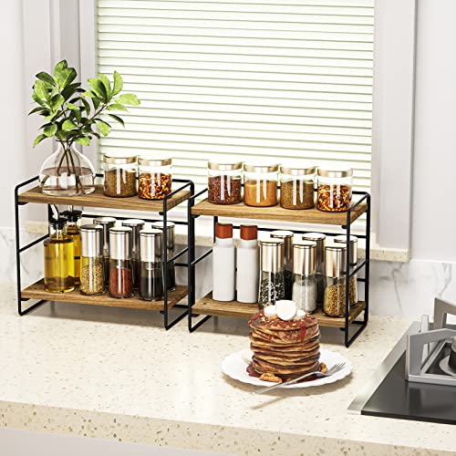 SRIWATANA Kitchen Countertop Organizer Set of 2, Bathroom Counter Shelf Spice Rack Sink Countertop Storage Desktop Large Wood Shelf - Carbonized Black