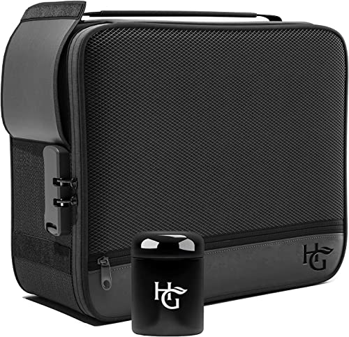 Herb Guard XL Smell Proof Bag & Stash Box with Combo Lock (Case Holds Up to 5 Ounces) - Includes YKK Zippers, 250ml / Half oz Smell Proof Jar, Built in Tray & Travel Bags (Black)