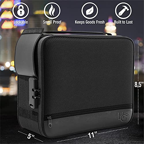 Herb Guard XL Smell Proof Bag & Stash Box with Combo Lock (Case Holds Up to 5 Ounces) - Includes YKK Zippers, 250ml / Half oz Smell Proof Jar, Built in Tray & Travel Bags (Black)