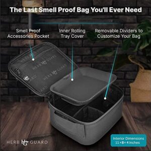 Herb Guard XL Smell Proof Bag & Stash Box with Combo Lock (Case Holds Up to 5 Ounces) - Includes YKK Zippers, 250ml / Half oz Smell Proof Jar, Built in Tray & Travel Bags (Black)