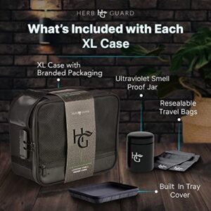 Herb Guard XL Smell Proof Bag & Stash Box with Combo Lock (Case Holds Up to 5 Ounces) - Includes YKK Zippers, 250ml / Half oz Smell Proof Jar, Built in Tray & Travel Bags (Black)