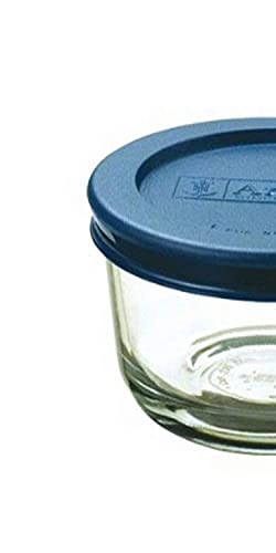 Anchor Hocking 1-Cup Round Food Storage Containers Clear glass with Blue Plastic Lids, Set of 6 -