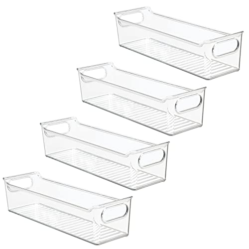 mDesign Slim Plastic Kitchen Storage Container Bins with Handles -Organization in Pantry, Cabinet, Refrigerator or Freezer Shelves - Food Organizer for Fruit, Yogurt, Squeeze Pouches - 4 Pack - Clear