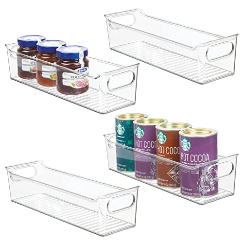 mDesign Slim Plastic Kitchen Storage Container Bins with Handles -Organization in Pantry, Cabinet, Refrigerator or Freezer Shelves - Food Organizer for Fruit, Yogurt, Squeeze Pouches - 4 Pack - Clear