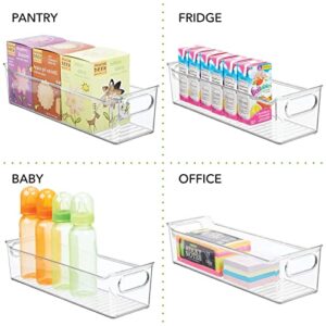 mDesign Slim Plastic Kitchen Storage Container Bins with Handles -Organization in Pantry, Cabinet, Refrigerator or Freezer Shelves - Food Organizer for Fruit, Yogurt, Squeeze Pouches - 4 Pack - Clear