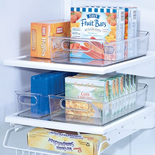 mDesign Slim Plastic Kitchen Storage Container Bins with Handles -Organization in Pantry, Cabinet, Refrigerator or Freezer Shelves - Food Organizer for Fruit, Yogurt, Squeeze Pouches - 4 Pack - Clear