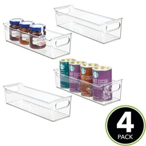 mDesign Slim Plastic Kitchen Storage Container Bins with Handles -Organization in Pantry, Cabinet, Refrigerator or Freezer Shelves - Food Organizer for Fruit, Yogurt, Squeeze Pouches - 4 Pack - Clear