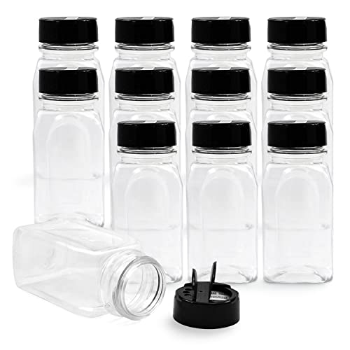 RoyalHouse 12 Pack 9.5 Oz Plastic Spice Jars with Black Cap, Clear and Safe Plastic Bottle Containers with Shaker Lids for Storing Spice, Herbs and Seasoning Powders, BPA Free, Made in USA