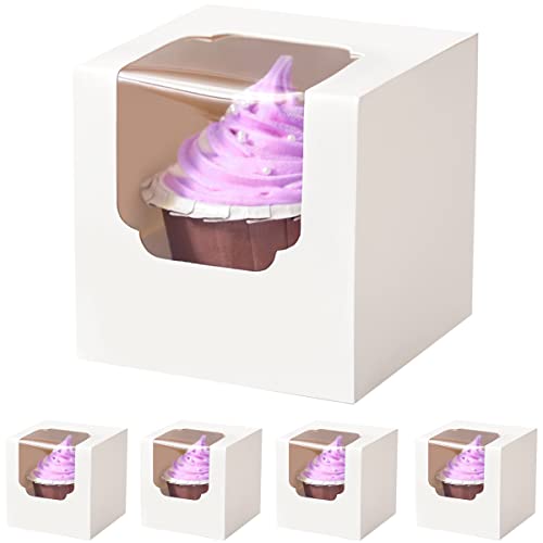 SHALLIVE 60 Pcs Cupcake Boxes Individual White with Insert, Auto Popup Single Cupcake Containers Hot Cocoa Bomb Boxes with Window for Cupcakes Treats Chocolate Strawberries Cookies for Graduation and Baby Shower Birthday Gifts