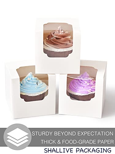 SHALLIVE 60 Pcs Cupcake Boxes Individual White with Insert, Auto Popup Single Cupcake Containers Hot Cocoa Bomb Boxes with Window for Cupcakes Treats Chocolate Strawberries Cookies for Graduation and Baby Shower Birthday Gifts