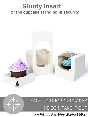 SHALLIVE 60 Pcs Cupcake Boxes Individual White with Insert, Auto Popup Single Cupcake Containers Hot Cocoa Bomb Boxes with Window for Cupcakes Treats Chocolate Strawberries Cookies for Graduation and Baby Shower Birthday Gifts