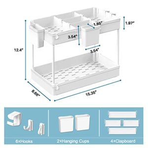 SOYO 2 Pack Under Sink Organizers and Storage, 2 Tier Bathroom Organizer Under Sink Shelf, Kitchen Organization Cabinet Storage Caddy Counter Basket with Hooks Dividers Hanging Cups, White