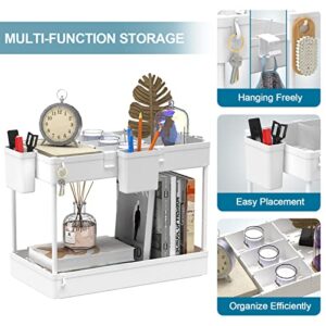 SOYO 2 Pack Under Sink Organizers and Storage, 2 Tier Bathroom Organizer Under Sink Shelf, Kitchen Organization Cabinet Storage Caddy Counter Basket with Hooks Dividers Hanging Cups, White