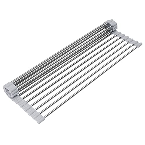 Elyum Dish Drying Rack Over The Sink Dish Drying Rack Stainless Steel Roll Up Dish Drying Rack Foldable Dish Rack for Kitchen Counter Dishes Cups Bottles Fruits Forks (17.7” x 10.2”, Gray)