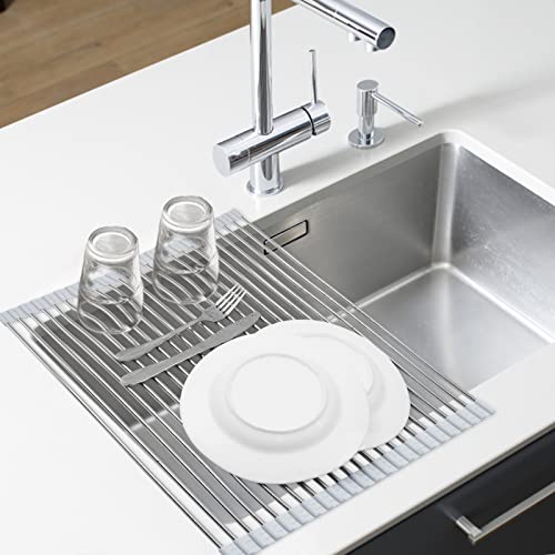 Elyum Dish Drying Rack Over The Sink Dish Drying Rack Stainless Steel Roll Up Dish Drying Rack Foldable Dish Rack for Kitchen Counter Dishes Cups Bottles Fruits Forks (17.7” x 10.2”, Gray)